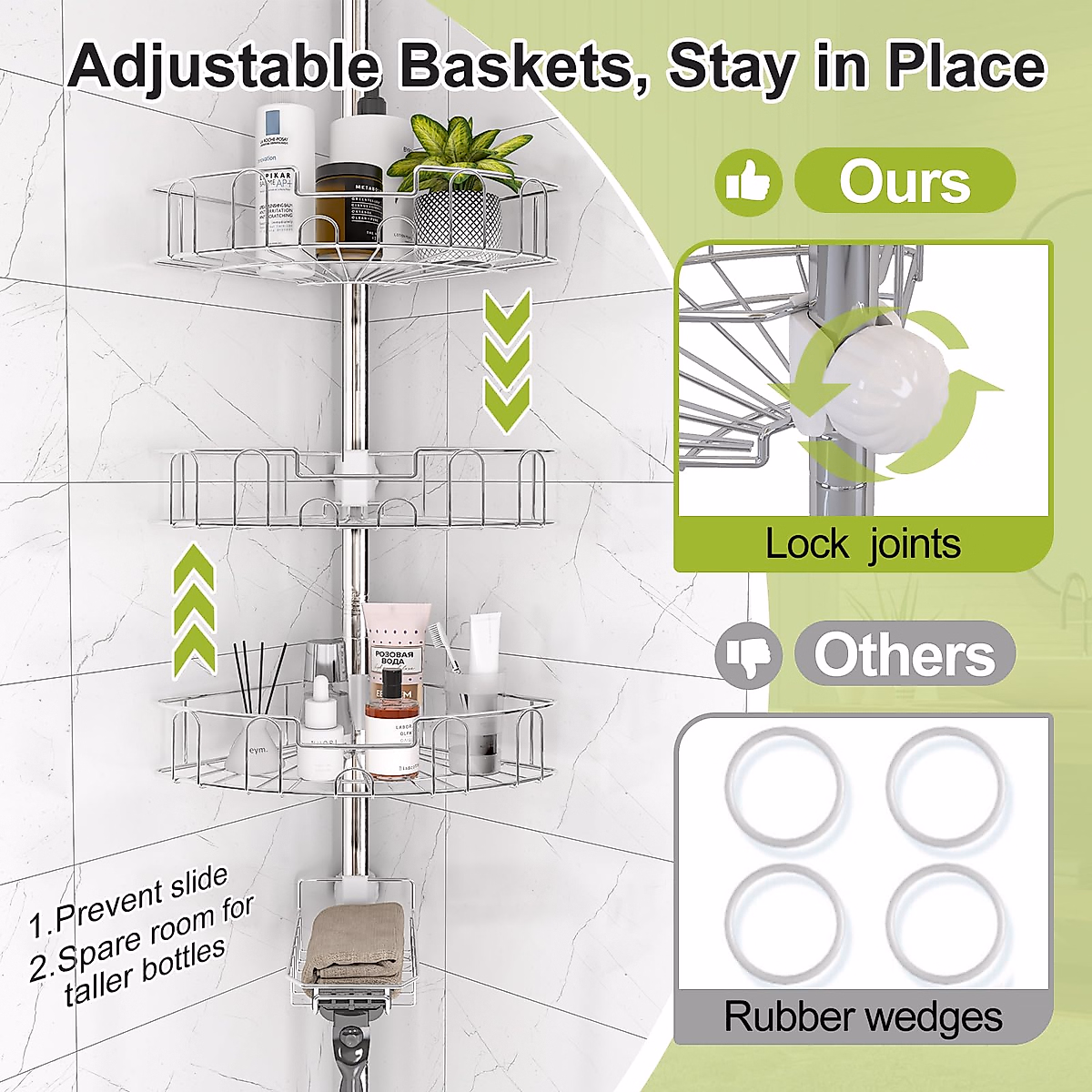 Shower Caddy Corner Tension Pole,Stainless Steel Adjustable Floor to Ceiling Corner Shower Caddy Stand for Bath Inside Shower Organizer Storage with Tension Pole,Rust-Resistant, 54 to 125 Inch