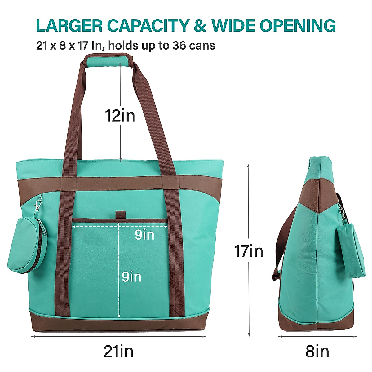 FOROUT Jumbo Insulated Cooler Bag，Insulated Grocery Bags With Zippered Top Transport Cold Or Hot Food Apply To Delivery Bag, Travel Picnic Cooler With One Wallet 21 X 8 X 17 Inch Lake Green