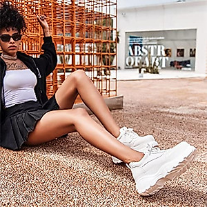 READYSALTED Platform Sneakers for Women Fashion Chunky Sneakers Casual Lace Up Walking Sneakers(BLOWN1-White-11)