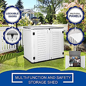 KINYING Outdoor Storage Shed - Horizontal Storage Box Waterproof for Garden, Patios, Backyards, Multi-Opening Door for Easy Storage of Bike, Garbage Cans, Tools, Lawn Mower, Off-White, 26 Cubic Feet