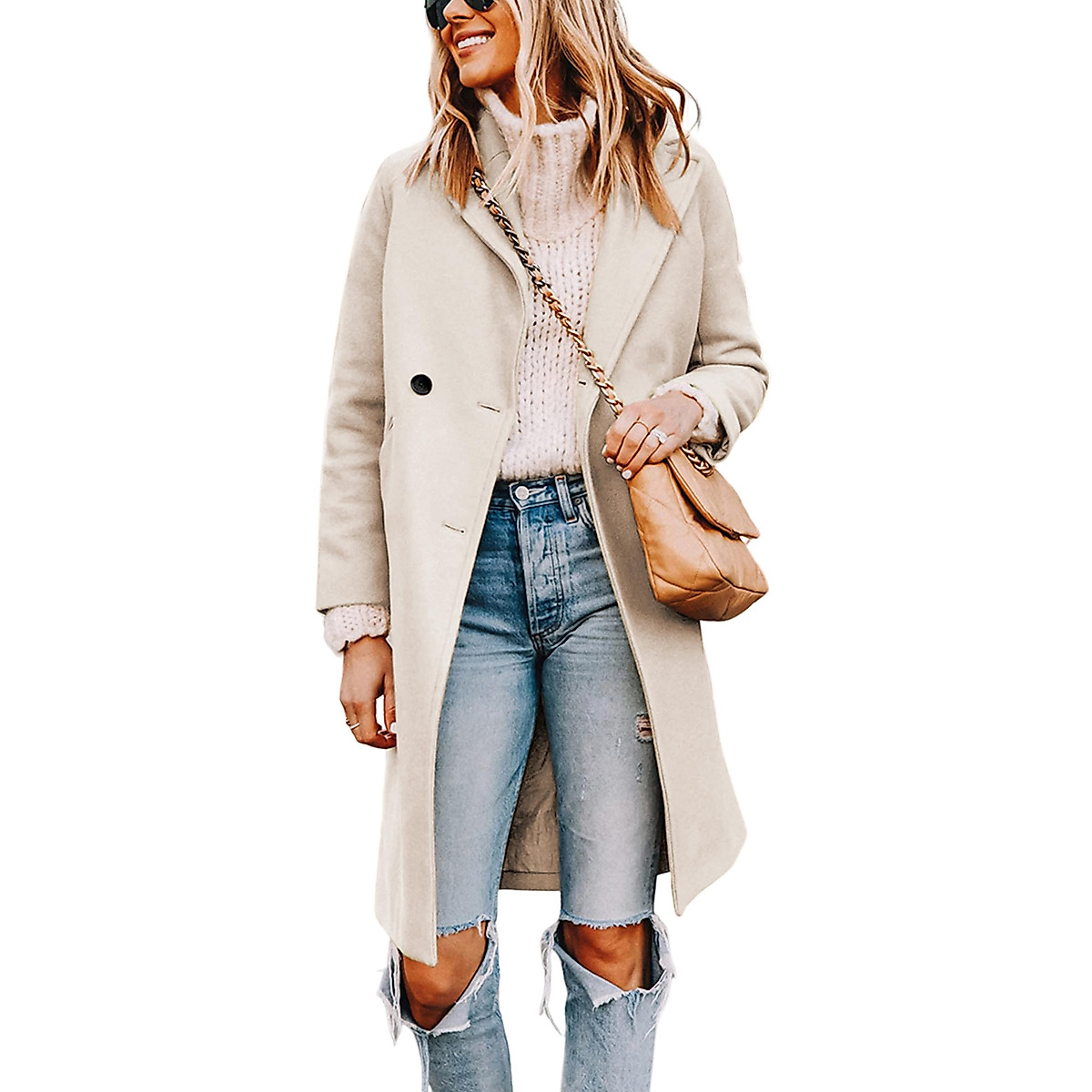 Tanming Women's Notch Lapel Double Breasted Wool Blend Mid Long Pea Trench Coat (Beige-L)