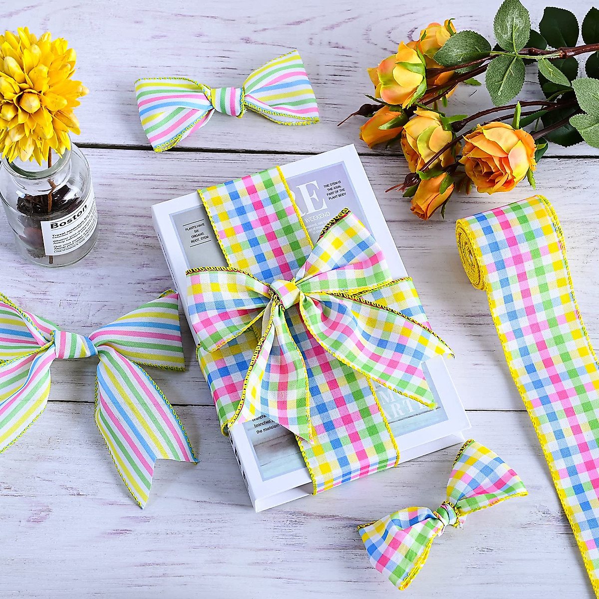 4 Roll 20 Yard Easter Buffalo Plaid Stripe Wired Ribbon, 2.5in Pink Blue Yellow Green Gingham Ribbon for Easter Favors Gift Wrapping Spring Home Decor DIY Crafts Hairbow Wreath Bouquet Craft Supplies