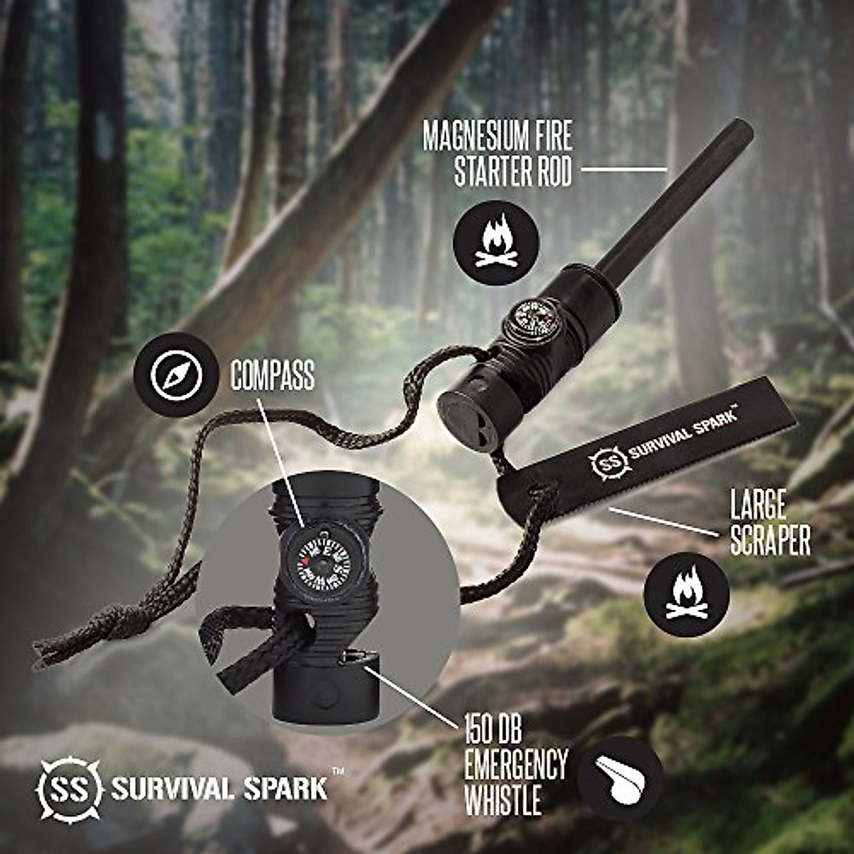 SharpSurvival Spark Fire Starter Kit - Magnesium Ferro Rod Fire Starter Kit with Compass and Whistle - Emergency Fire Starter Survival Multitool for Camping, Hiking, Hunting and more