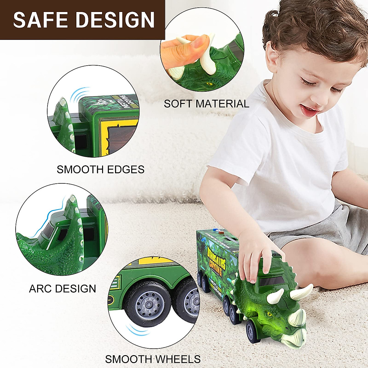 UOLIWO Dinosaur Truck Carrier for Boys and Girls, Car Transporter Toy with Light Sound Kids Dinosaur Toys Set with Pull Back Car Launcher Track Dinosaur Park Pretend Toy Baby Infant Toys Kids Gift