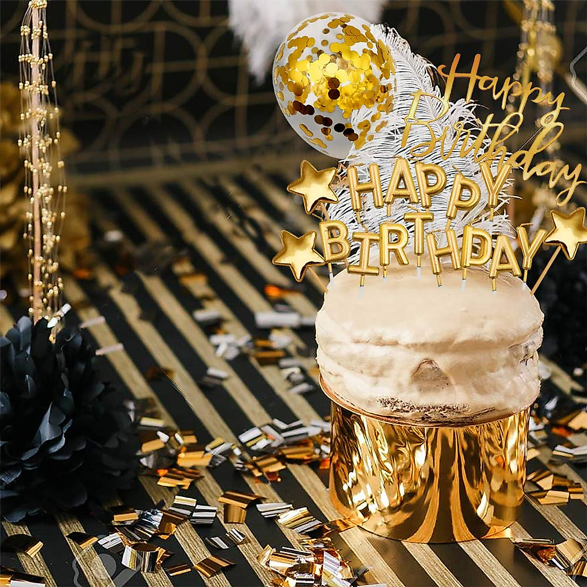 MOVINPE Gold Cake Topper Decoration with Golden Happy Birthday Candles Happy Birthday Banner Confetti Balloon Stars For Rose Gold Theme Party Decor Boy Girl Kid Men Women Birthday Party Baby Shower