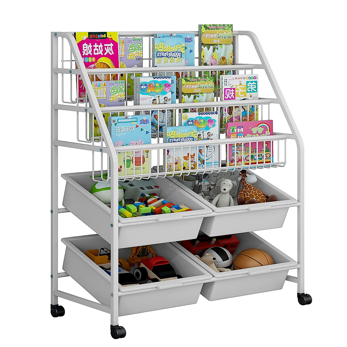 LINZINAR Bookshelf Iron Toy Organizer 3 Tier Mobile Bookrack 4 Plastic Toy Storage Boxes with Wheels—White…