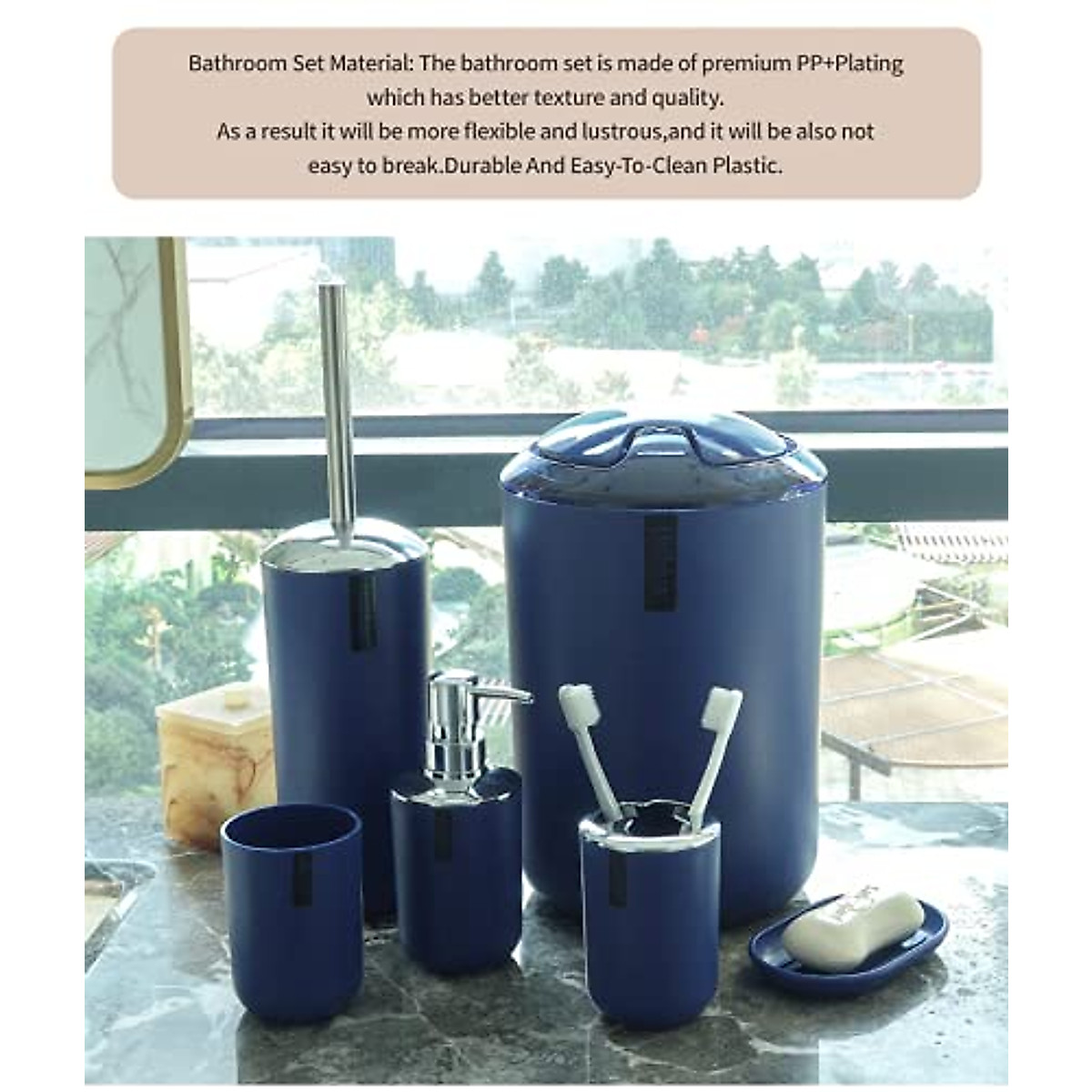 6 Pcs Bathroom Accessories Set, Toilet Brush, Soap Dish, Trash Can, Toothbrush Cup, Soap Dispenser, Bathroom Accessory Set