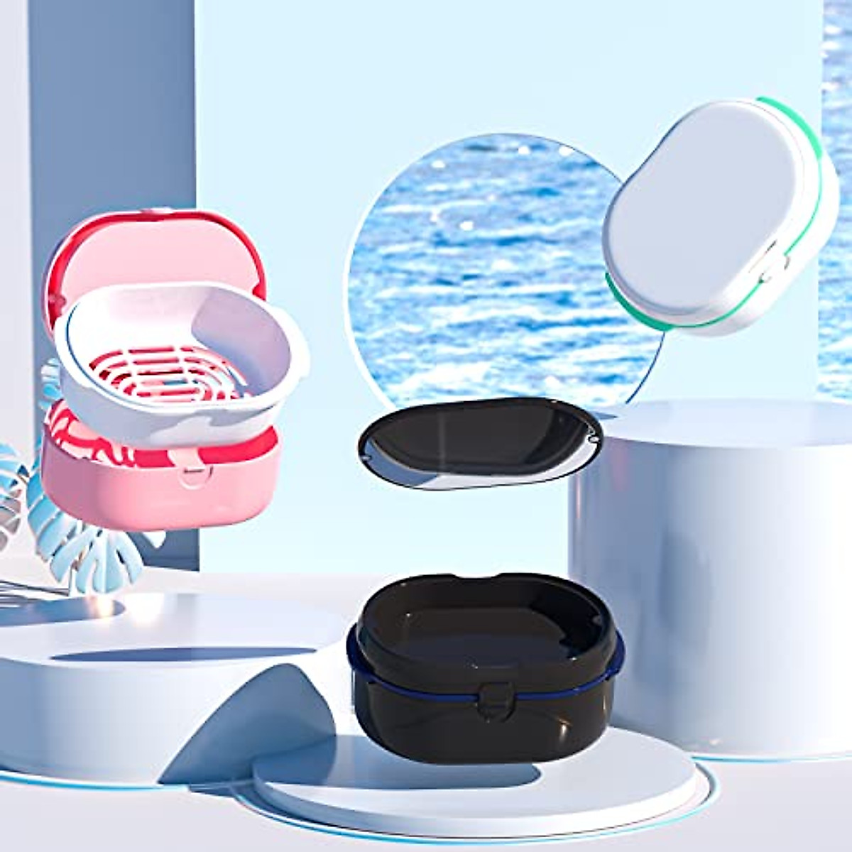 Denture Bath Box And Denture Brush Denture&Retainer Set, Denture Case with Mirror (Black)