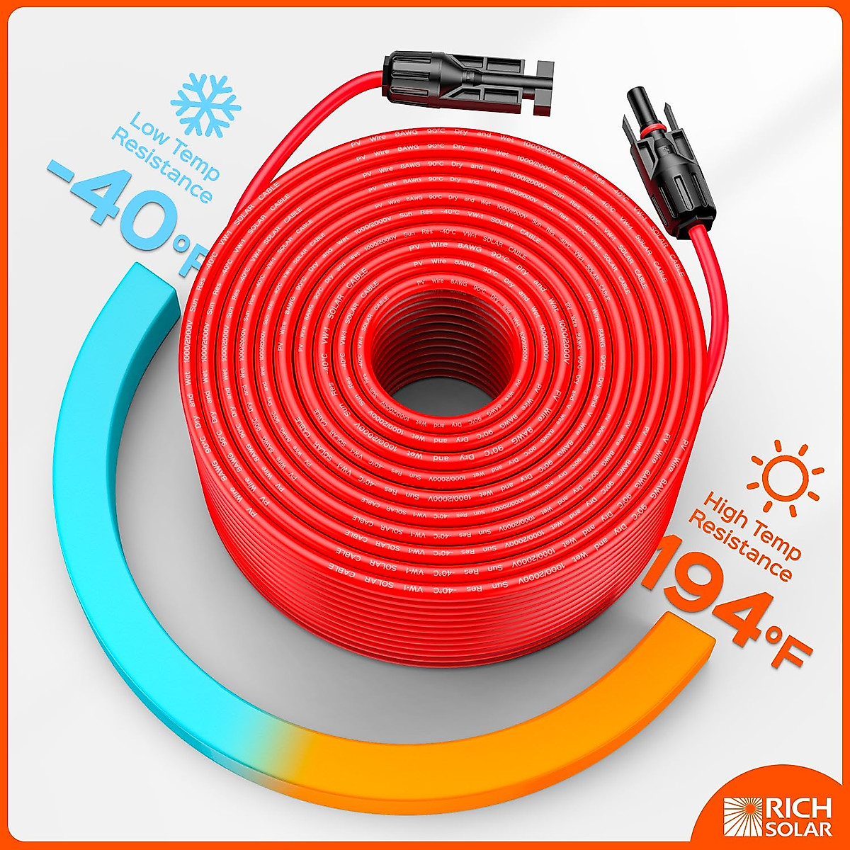 RICH SOLAR 10 Gauge 10AWG One Pair 100 Feet Red + 100 Feet Black Solar Panel Extension Cable Wire with Female and Male Connectors (100FT 10AWG)