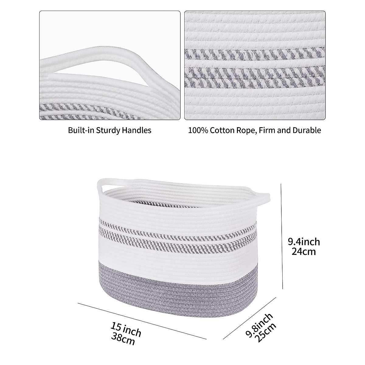 HONIZER Woven Baskets for Storage, 3-Pack Cotton Rope Storage Basket with Handles, Labels, Oval Toy Storage Bins for Cube Organizer, Stuffed Animal Storage Baskets for Shelf, Closet, Bedroom - Grey