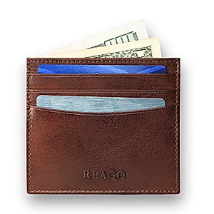 REAGO Handcrafted Front Pocket Small Slim RFID Crumpled Leather Wallet for Men Women, Credit Card Holder, Strong Stitching, Slip Pocket, ID Window, Minimalist Design, Chemical Free, Ideal Gift