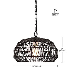 Novogratz x Globe 44759 1-Light Outdoor Plug-in Pendant Light, Black Woven Fabric Shade, Matte Black, Designer Black Fabric Hanging Cord, Kitchen Island, Cafe, Ceiling Light, Bulb Not Included