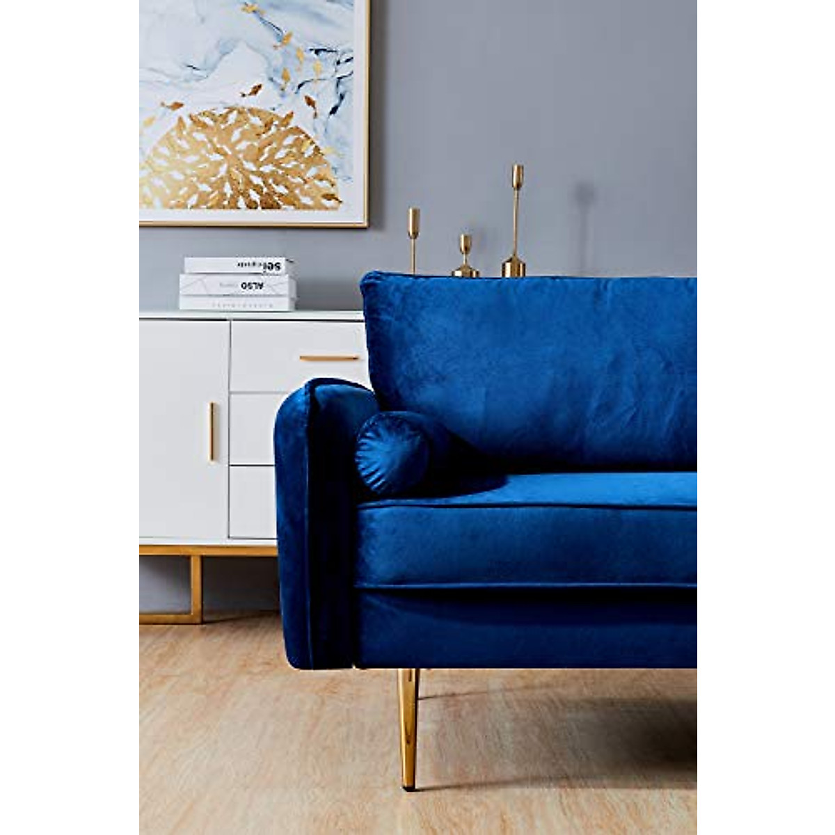 JULYFOX Blue Velvet Fabric Sofa Couch, 71 inch Wide Mid Century Modern Living Room Couch with Side Storage Fashion Golden Legs for Small Spaces