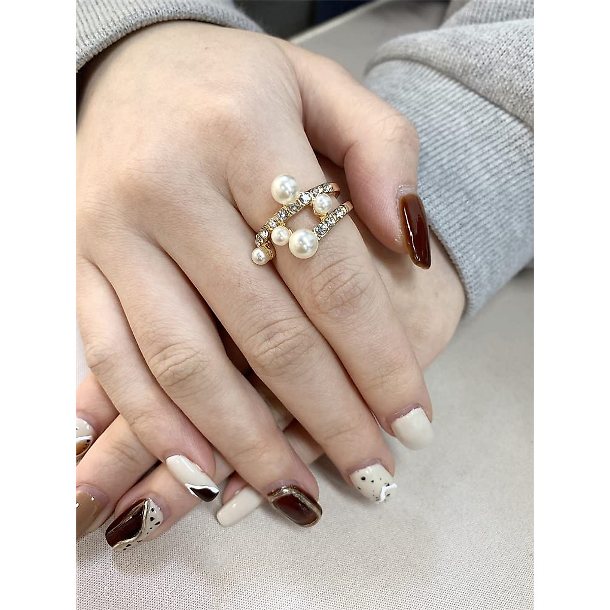 Shell Pearls CZ Wedding Statement Ring for Women Gold Plated Layered Rhinestone Mini Imitation Pearls Open Band Finger Rings Comfort Fit Dainty Birthday Valentine Anniversary Jewelry Size 8