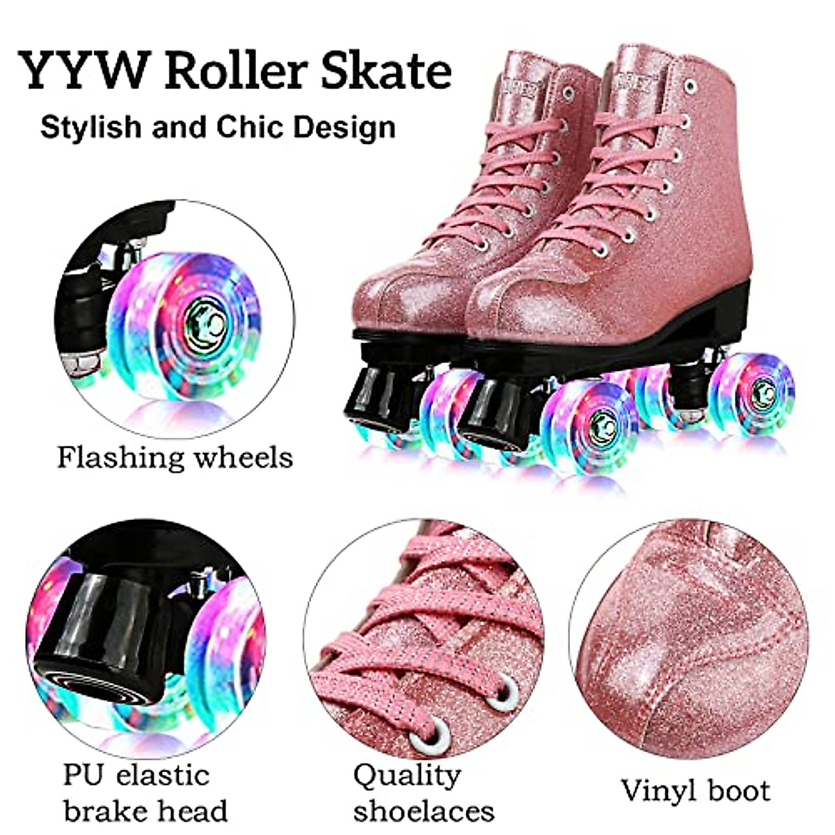 YYW Roller Skate for Women Men Light up Wheel - Double Roller Skater High-top PU Leather Roller Skate Shoes Adjustable PU Roller Skates with Four Piles for Adult Girls Beginners Pink