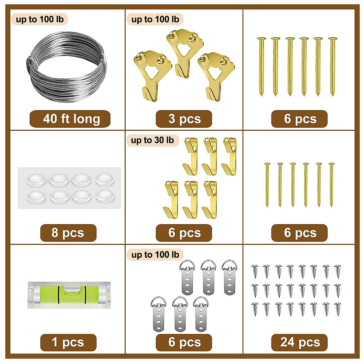 Heavy Duty Picture Hanging Kit, Wall Hanging Kit Support 10-100lbs with Picture Hanging Wire, D-Ring, Screws, Hanging Hooks,Level. 40 Feet (12M) Picture Hanging Wire Hangers