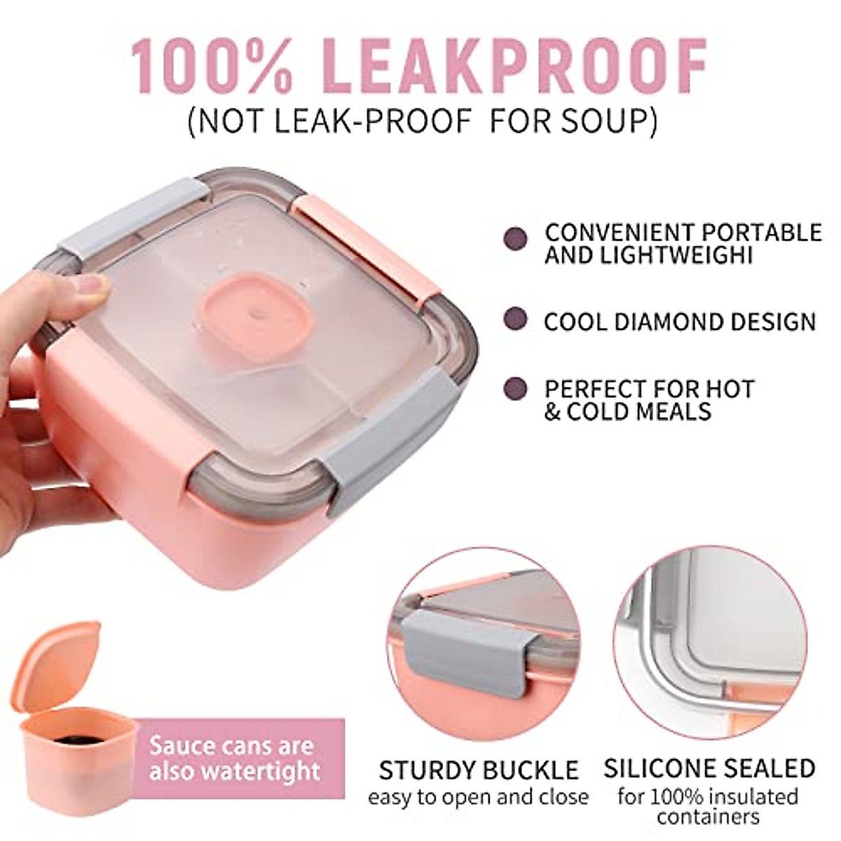 Ylebs 2 Pack Bento Box Adult Lunch Box,52-oz Salad Bowls,3 Compartment Tray with Salad Dressings Container,Used to Meal Pre-prepare Food Fruit Snack,Leak Proof (Pink)