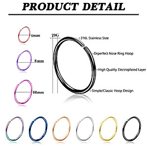Drperfect 36Pcs 20G Nose Ring Hoop for Women Men 316L Stainless Steel Helix Tragus Lip Septum Ring Cartilage Earring Hoop Piercing Jewelry