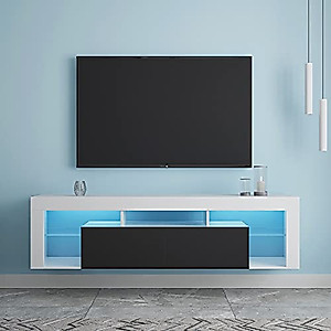 63 Inches Floating TV Stand Wall Mounted with Lights, Modern LED TV Stand Floating Entertainment Center with Storage for Bedroom Living Room,Floating Shelf for Under TV,White