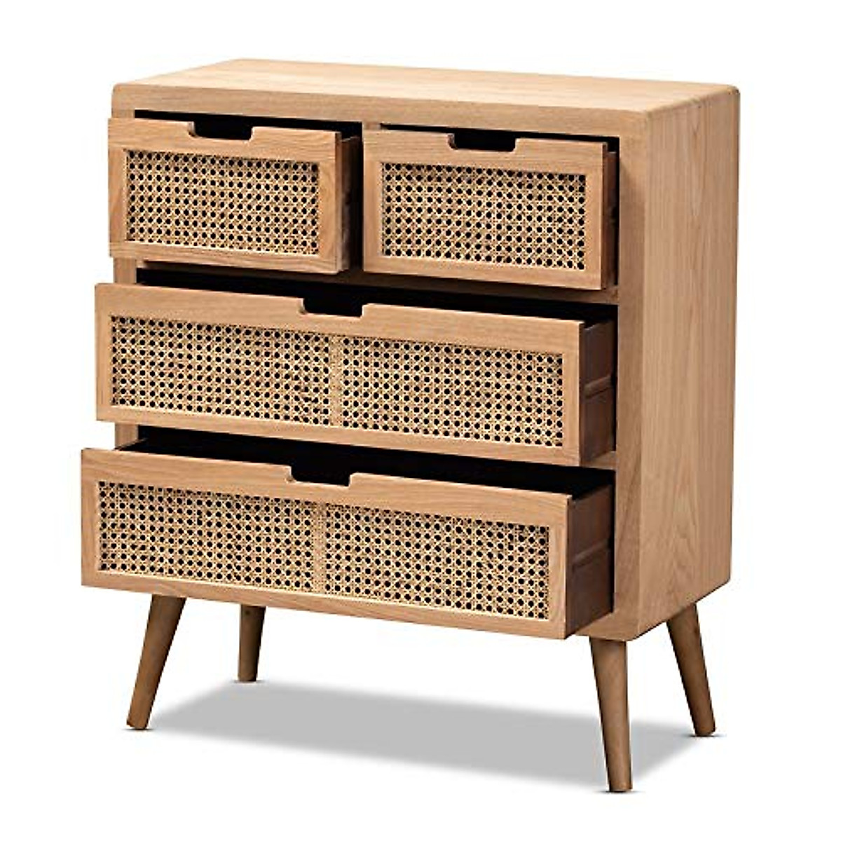 Baxton Studio Alina Medium Oak Finished Wood and Rattan 4-Drawer Accent Chest