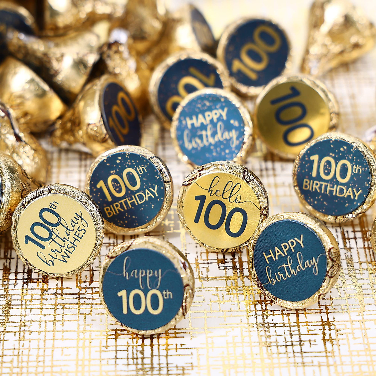 Navy Blue and Gold 100th Birthday Party Favor Chocolate Kisses Candy Stickers - 180 Count, 100th Birthday Decorations