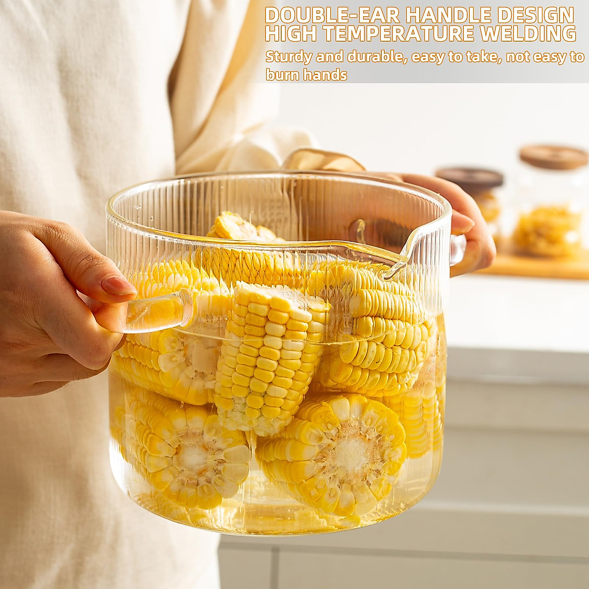 Simmer Pot with Lid, 2.3L(78oz) Heat Resistant Borosilicate, Glass Ribbed Pot, Glass Cooking Pot with Lid, Clear Simmer Pot, for Pasta Noodle, Soup, Milk, Baby Food