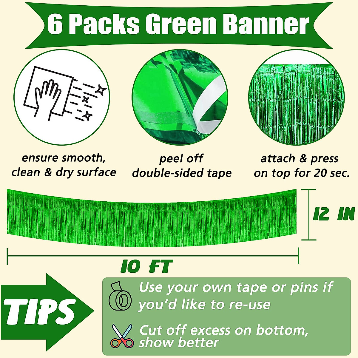 6 Pack 10 Feet Foil Fringe Garland Metallic Tinsel Banner Wall Hanging Curtain Streamers Backdrop for Parade Floats Bachelorette Wedding Birthday Party Thanksgiving Christmas Decorations(Green)