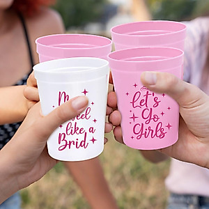 Lasimfa12 Pack Let's Go Girls Reusable Bachelorette Party Plastic Cups, Bridal Shower Party Supplies Wedding Engagement Party Supplies Favors Decorations (White and Pink, 16 oz)