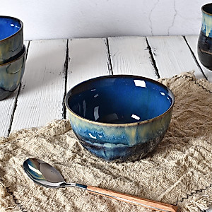 Bosmarlin Stoneware Cereal Bowls Set of 4, 26 Oz, Blue Soup Bowls for Oatmeal, Salad, Dishwasher and Microwave Safe, Reactive Glaze (26 Oz, Deep Blue)