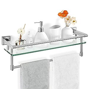Bathroom Glass Shelf Towel Rack Shelf Glass Organizer Wall-Mounted Bathroom Storage SUS304 Stainless Steel Towel bar/Track Wall-Mounted Tempered Glass Stainless Steel Shelf Brushed Nickel