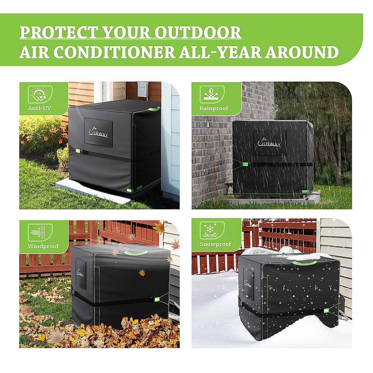 UIRWAY Winter Air Conditioner Covers for Outside Units, Central Air Unit Cover, Heavy Duty 420D Outdoor Waterproof Square AC Defender, Universal AC Unit Condenser Covers Fits Up to 30"Wx 30"D x32"H