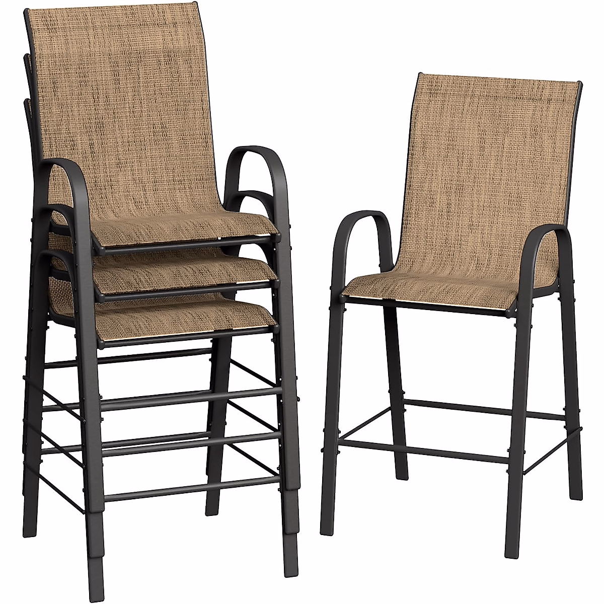 Amopatio Outdoor Bar Stools Set of 4, Sturdy High Back Outdoor Bar Chairs, All-Weather Textile Patio Bar Stools, Comfortable Bar Hight Patio Chairs for Backyard, Balcony, Porch, Brown