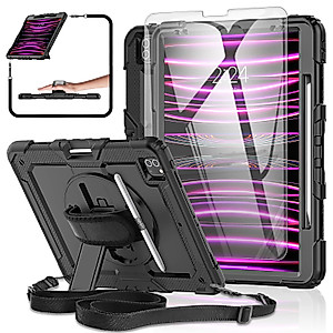 iPad Pro 12.9-inch 6th/5th/4th Generation Case 2022/2021/2020 [with Tempered Glass Screen Protector], BASE MALL Full-Body Protective Case, Pencil Holder,Rotating Kickstand, Hand/Shoulder Strap (Black)