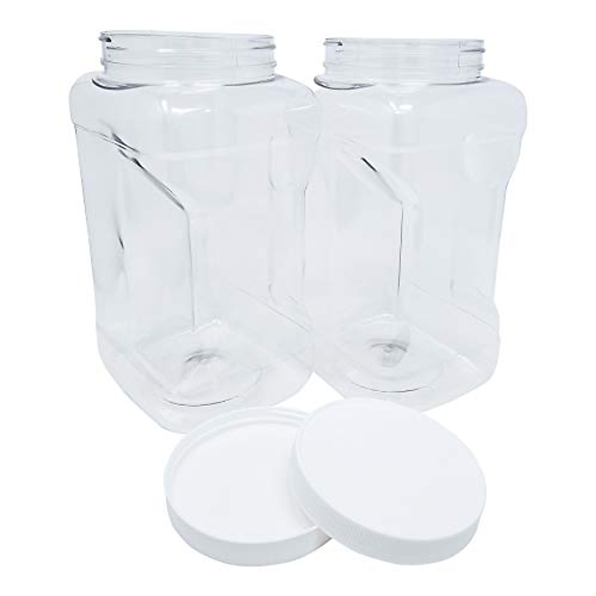 Kelkaa 1 Gallon Clear PET Plastic Square Wide Mouth Jars with Grip Handle and White Ribbed Lined Caps, BPA Free, Multi-Use Containers, Household Dried Food Canisters, Made in the USA (Pack of 2)