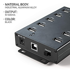 SotMa 10 Port USB 2.0 Hub - USB Hub - Powered USB Hub for Mining - Multiple USB Port Hub - USB Splitter Hub with 12V 5A Power Adapter, LEDs, Mounting Bracket - Black