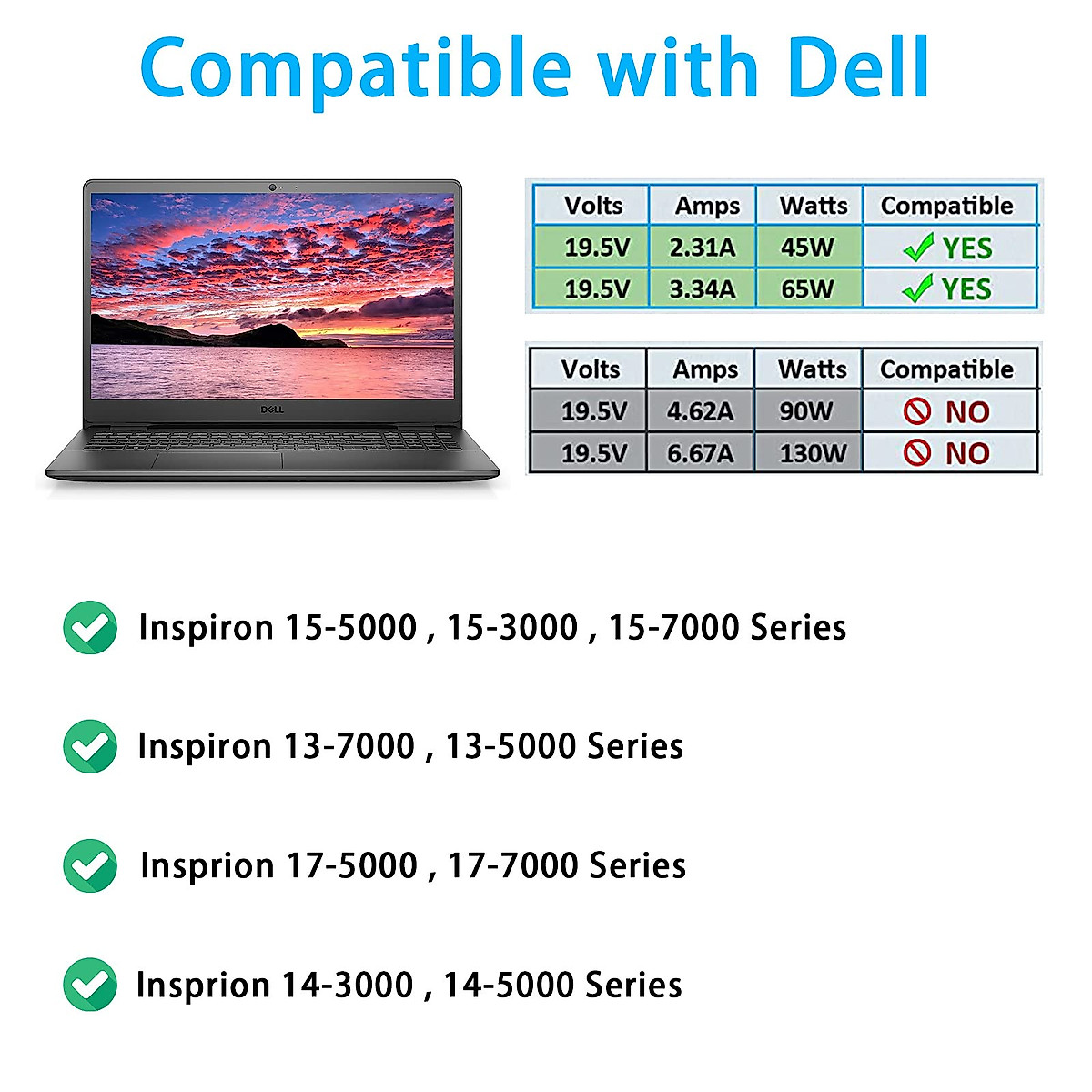 Laptop Charger Cord for Dell Inspironn, 19.5V 3.34A 65W 60W 19.5V 2.31A 45W AC to DC Power Adapter with 7.4 * 5.0mm 4.5 * 3.0mm Charging Connectors.