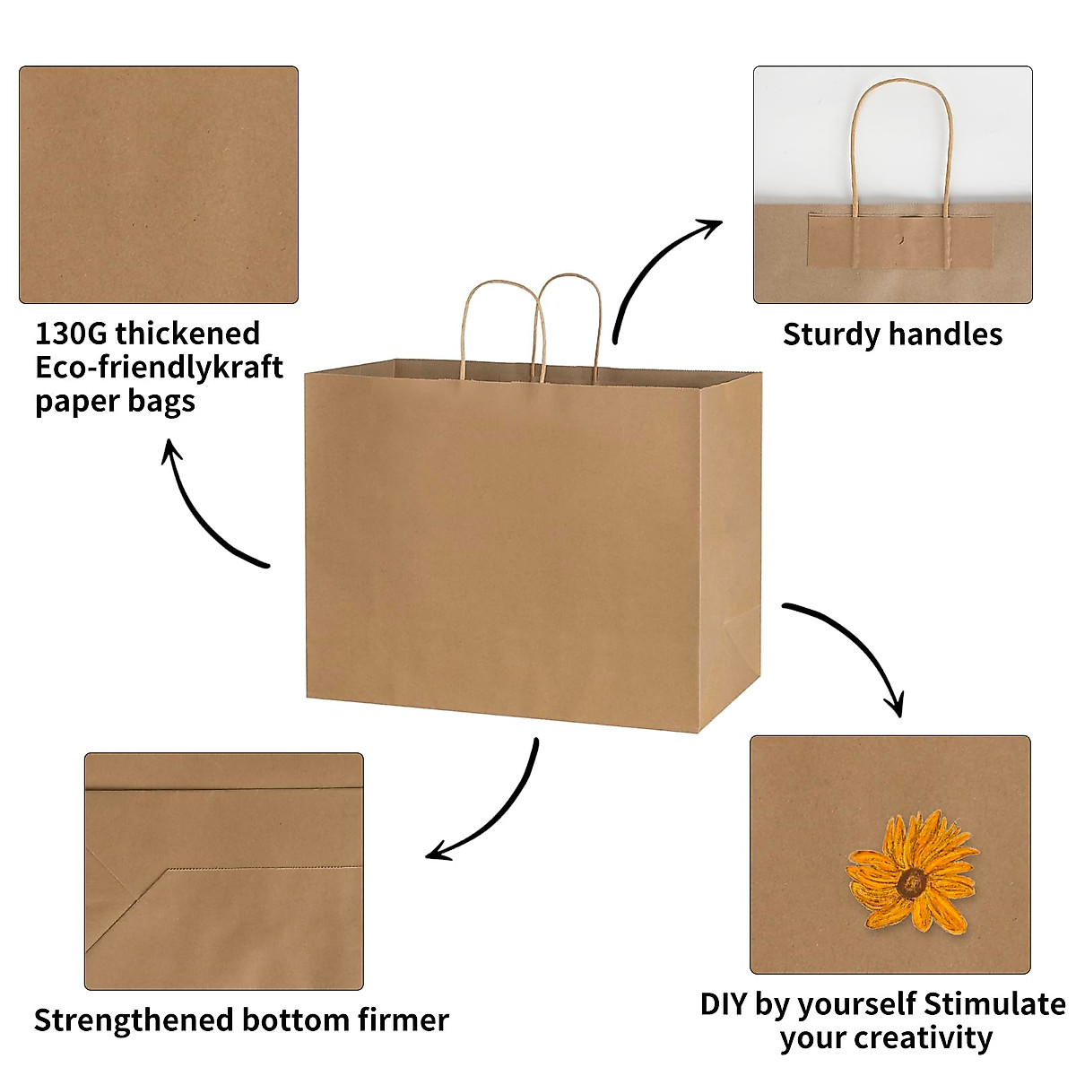 bagmad 100 Pack 16x6x12 Inches Brown Kraft Paper Bags with Handles Bulk, Large Recycled Paper Bags, Gift Bags, Grocery Bags, Retail Bags, Shopping Bags, Merchandise Bags for Small Business