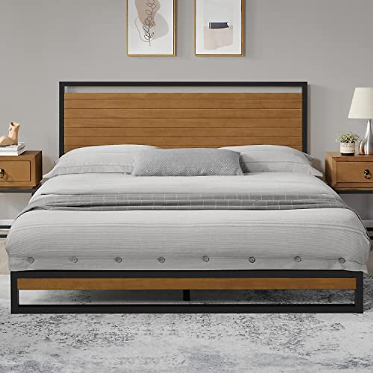 Yaheetech 37 Inch Solid Pine Wood Platform Bed Frame with Headboard Solid Wood & Steel Construction No Box Spring Needed Wood Slat Support Easy Assembly Chestnut Brown Queen