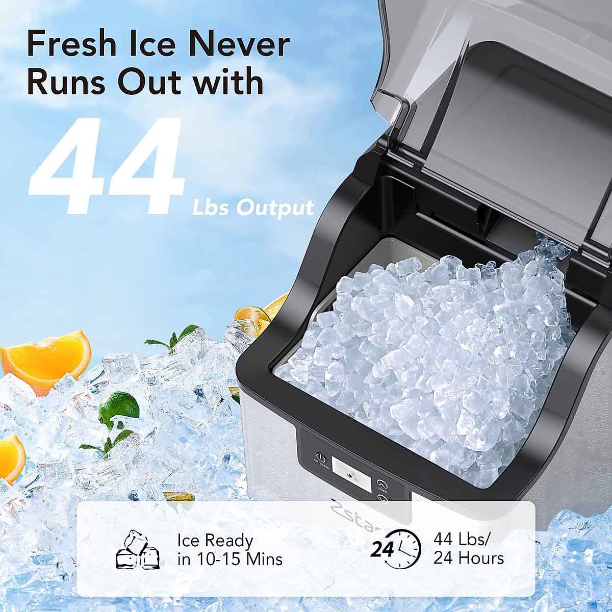 Zstar Nugget Ice Maker, Stainless Steel Countertop Ice Machine with 44Lbs/24H Output, Crunchy Sonic Ice Maker Machine, Self-Cleaning Portable Ice Maker with Freestanding Ice Scoop for Home,Office,Bar