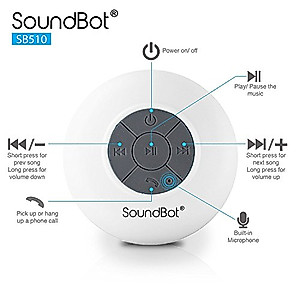 Soundbot SB510 Bluetooth Shower Speaker HD Water Resistant Bathroom Speakers, Handsfree Portable Speakerphone with Built-in Mic, 6hrs of Playtime, Control Buttons and Dedicated Suction Cup (White)