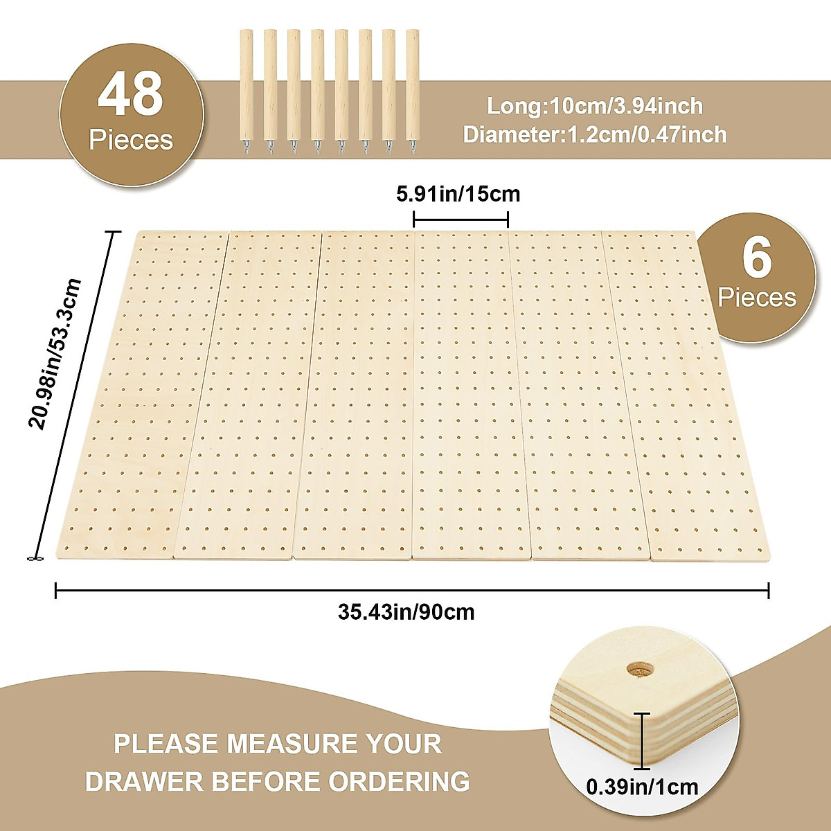 Kigley 6 Pcs Wood Pegboard Drawer Organizer with 48 Pegs Wood Peg Board System Peg Drawer Organizers for Dishes Drawer Plate Organizer Kitchen Pegboard for Food Containers (Wood,20.98x5.91)
