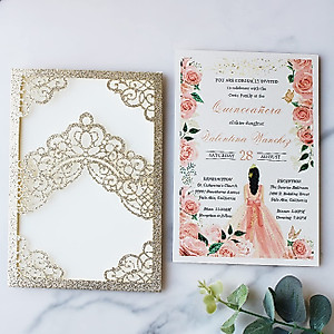 Hosmsua 50PCS 5.1x7.3 Inch Blank Champagne Glitter Quinceanera Invitations Kit Laser Cut Floral Crown Pocket Quinceanera Invitation Cards with Envelopes for Birthday Bridal Shower Quince Invite