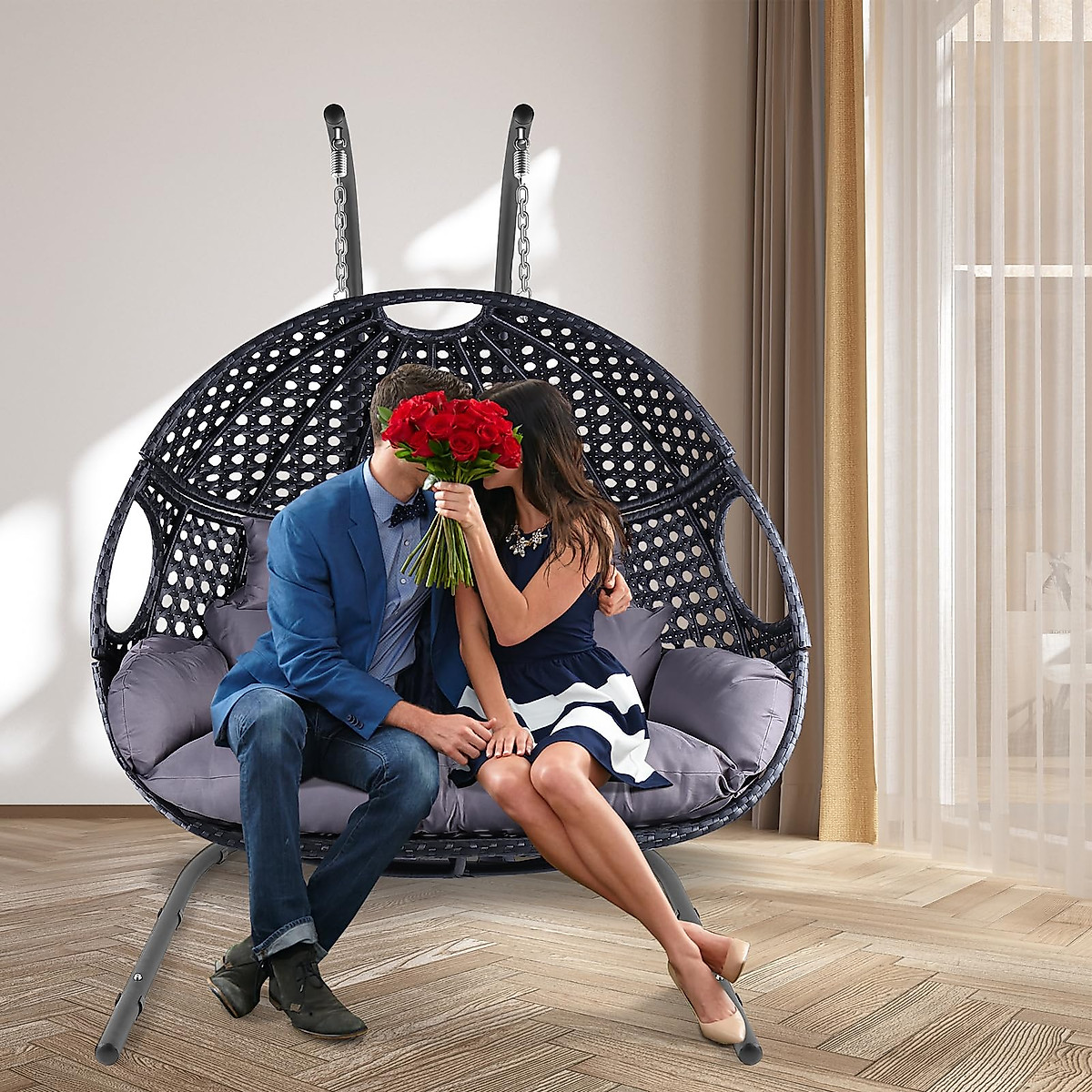 JESE Double Swing Egg Chair with Stand Indoor Outdoor,UV Resistant Cushion 2 People Hanging Anti-Rust Wicker Rattan Frame 530 lbs Capacity Oversized Hammock for Patio Bedroom Balcony，Black