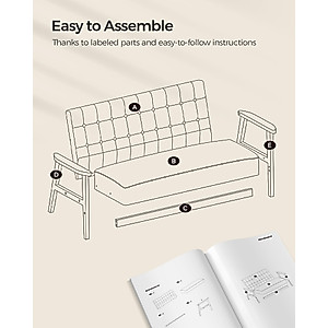 SONGMICS Loveseat Sofa, 2 Seater Cushioned Couch for Small Spaces, Mid-Century Modern 51.2-Inch Wide Seat with Solid Wood Armrests, Easy Assembly, for Living Room Bedroom, Sand Beige ULAC012M01