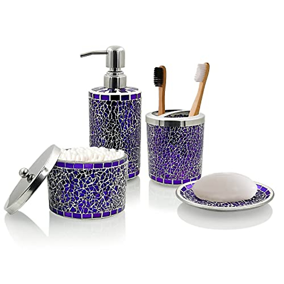 LushAccents Bathroom Accessories Set, 5-Piece Decorative Glass Bathroom Accessories Set, Soap Dispenser, Soap Tray, Vanity Tray, Jar, Toothbrush Holder, Elegant Lavender Mosaic Glass
