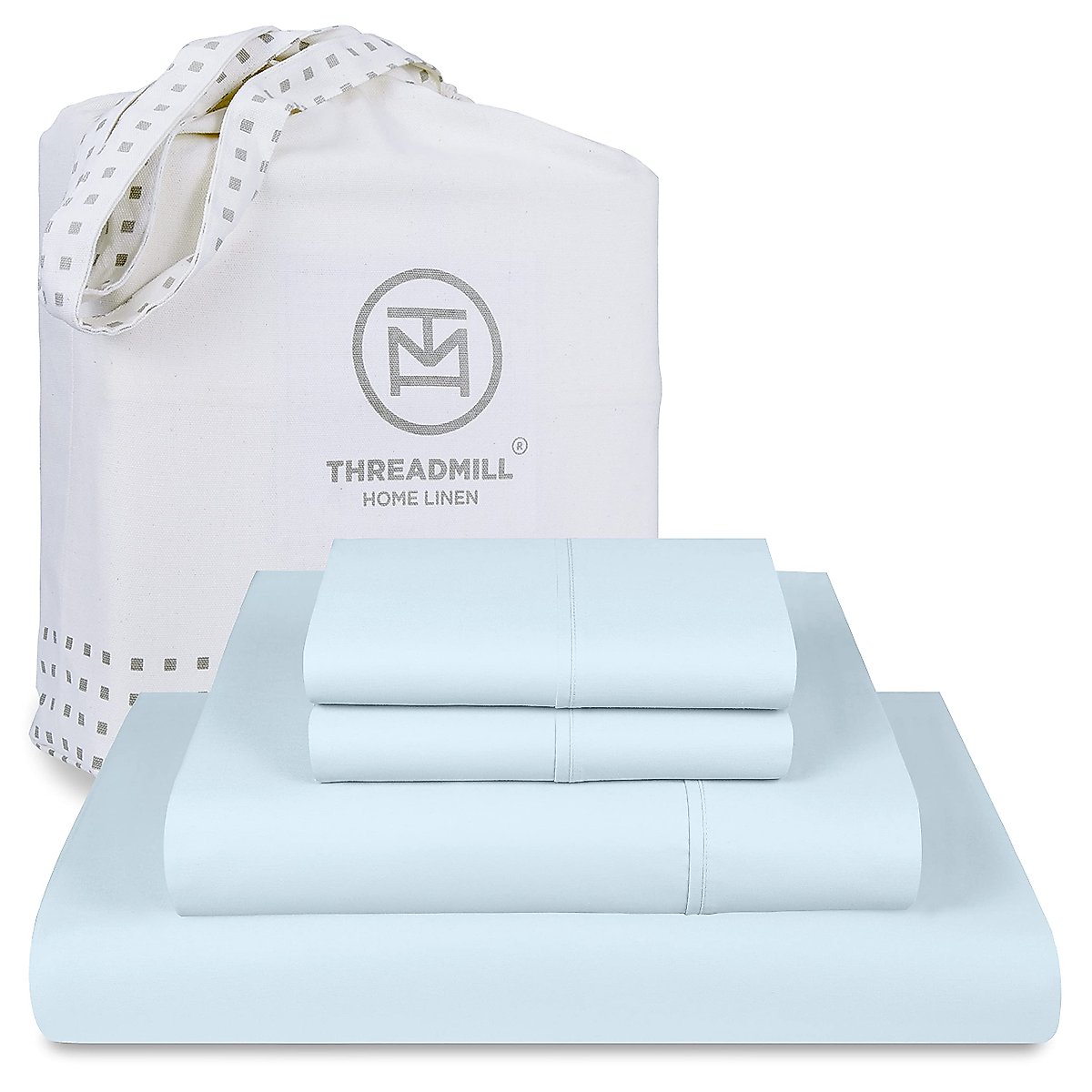 Threadmill Full Size Sheet Set | 100% Cotton Sheets | Solid Sateen Full Bed Sheets Set with 16' Elasticized Deep Pocket | Soft Breathable 4-Piece Cooling Sheet Set | Light Blue
