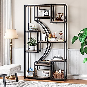 Etagere Bookcase, 70 Inch Tall Book Shelf with 9 Open Shelves, 40 inch Wide Industrial Wood Bookshelves with Metal Frame for Home Office Living Room and Bedroom, Gray Wash