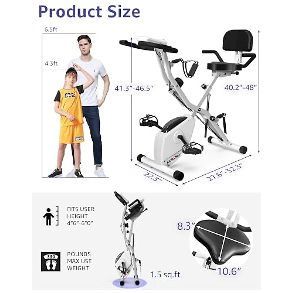 KURONO Stationary Exercise Bike for Home Workout | 4 IN 1 Foldable Indoor Cycling Bike for Seniors | 300 LB Capacity More Magnetic Resistance Seat Backrest Adjustments - White