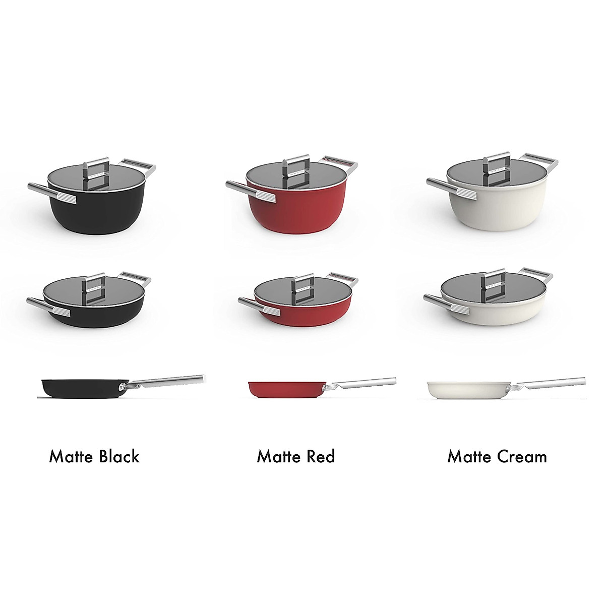 SMEG 6PC Cookware Set, Black 9.5" Fry Pan 11" Fry Pan 3qt Sauce Pan 5 Qt Casserole CKFB06BLMUS Made in Italy