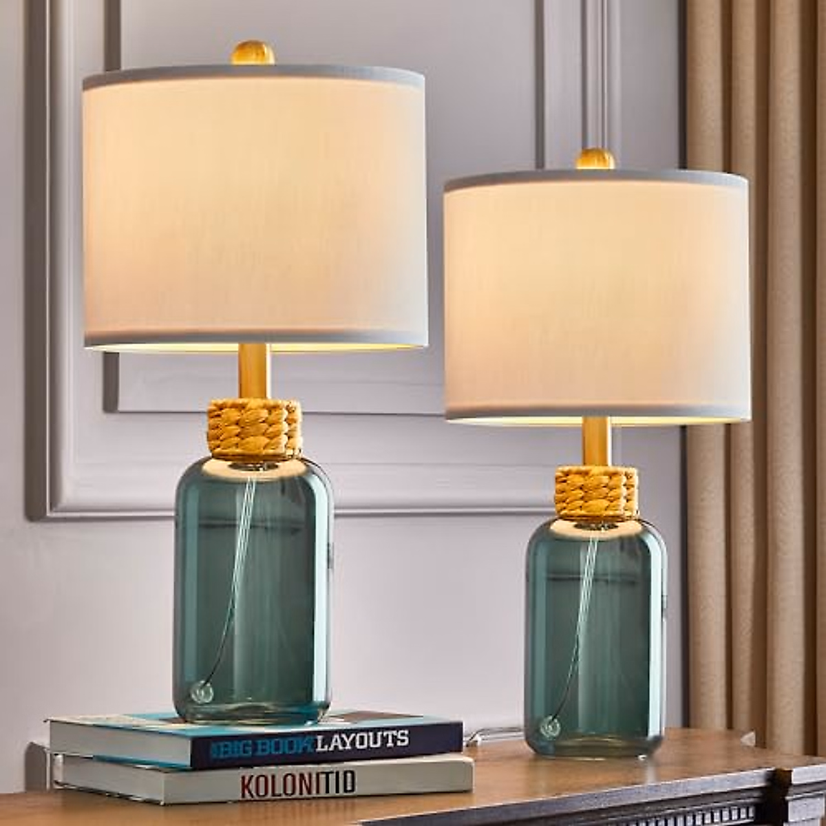 G-SAFAVA 20.25" Modern Glass Table Lamp Set of 2, Small Farmhouse Bedside Lamp Blue Green Nightstand Lamp for Living Room Bedroom Office Dorm